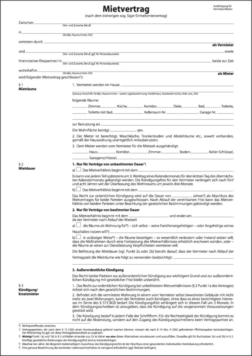 Mietvertrag Vordruck Gratis